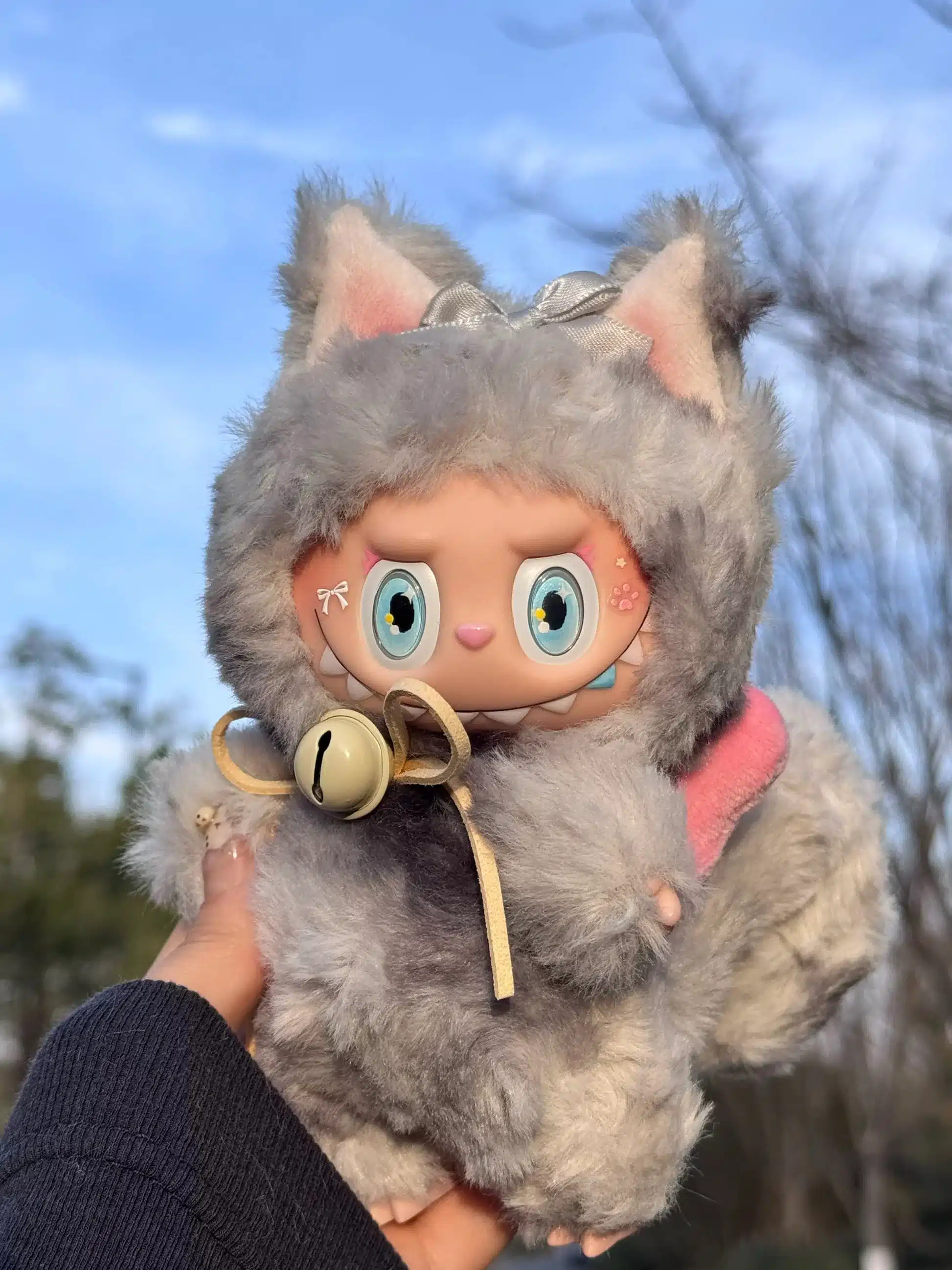 Cute Grey Big Tail Labubu Plush with Pink Bow & Yellow Bell – Artist ...