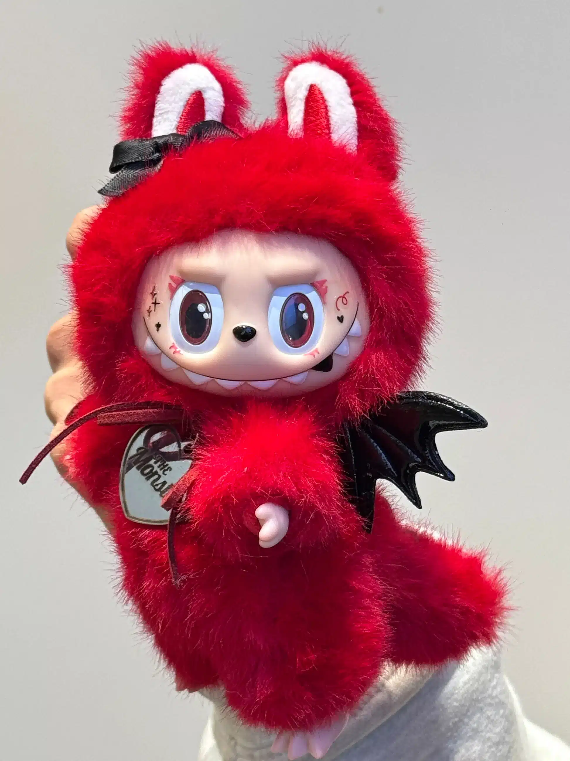 Fiery Red Labubu Plush with Black Wings – Handmade Custom Collectible ...